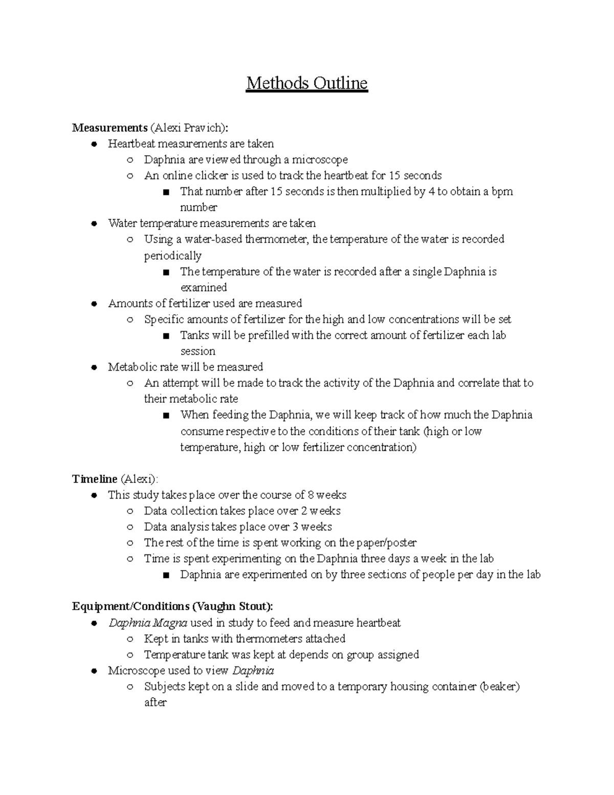 Methods Outline - Heartbeat & Metabolic Rate Measurements (Alexi ...