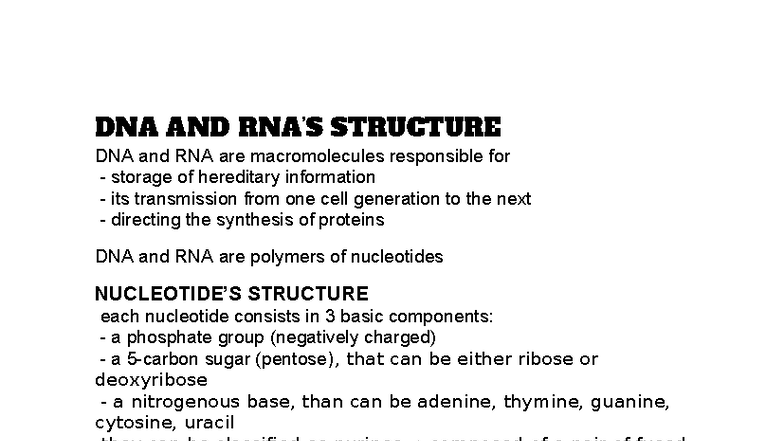 DNA and RNA Structure Overview: Key Components and Bonds - Studocu