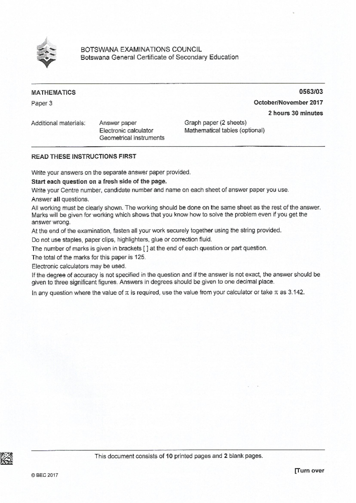 2017 BEC Mathematics Paper 3 Exam Instructions and Questions - Studocu