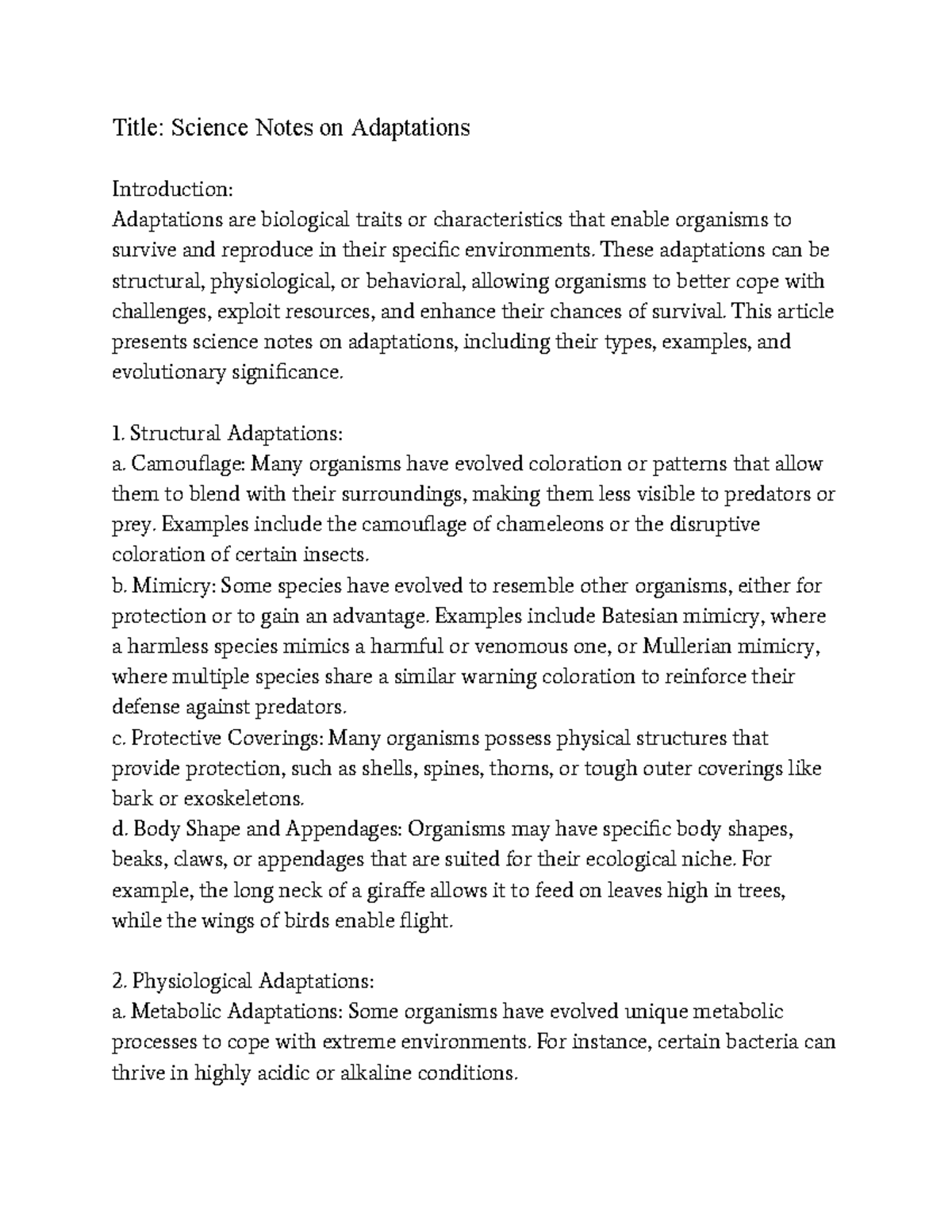 Science Notes on Adaptations: Understanding Survival Traits in Biology ...