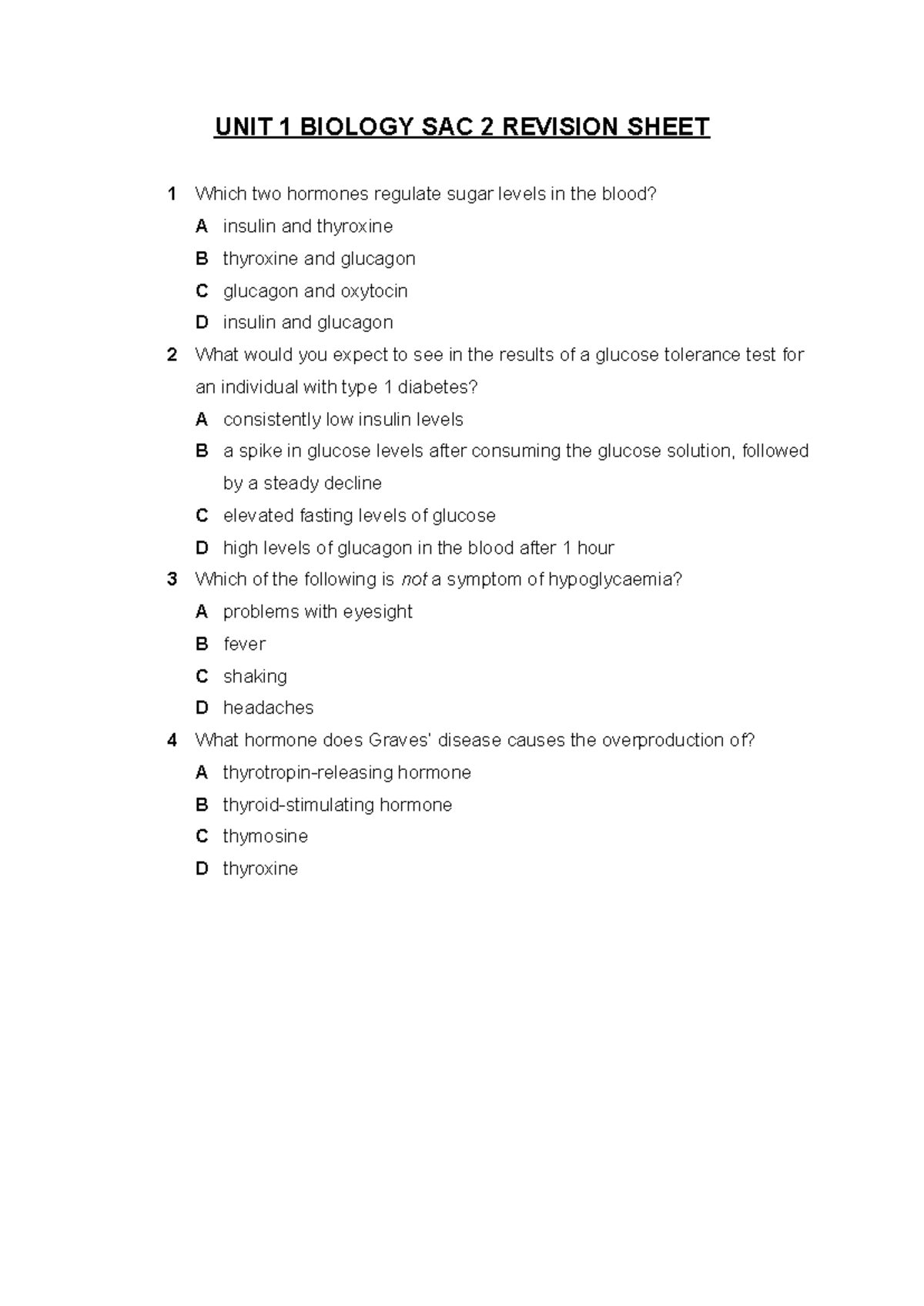 UNIT 1 BIOLOGY SAC 2 REVISION SHEET: HORMONES & GLUCOSE REGULATION ...