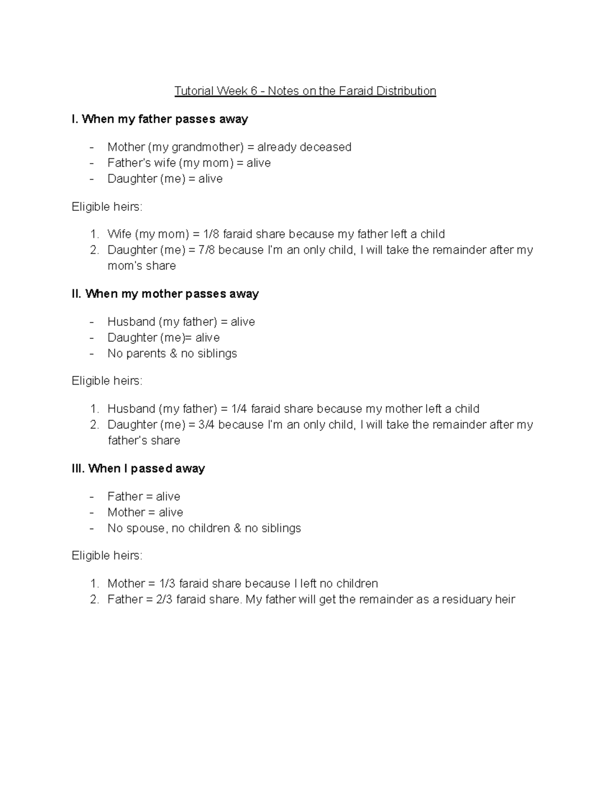 Tutorial Week 6: Faraid Distribution Notes - Studocu