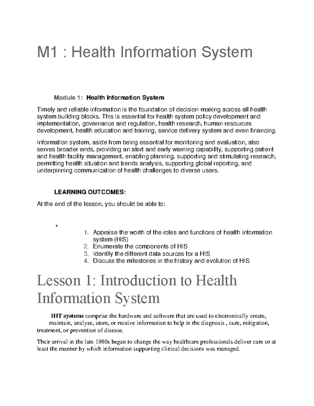 Health Information System (HIS) Lecture Notes - Module 1 Overview - Studocu