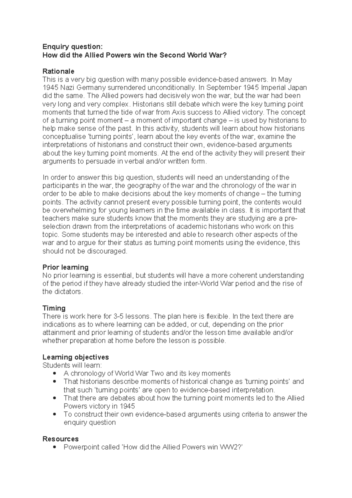 Lesson Plan How did the Allied Powers win WW2 - Enquiry question: How ...