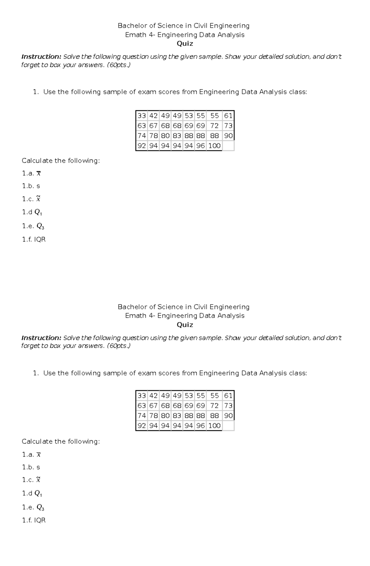 Quiz on Engineering Data Analysis (EMATH) - Detailed Solutions Required ...