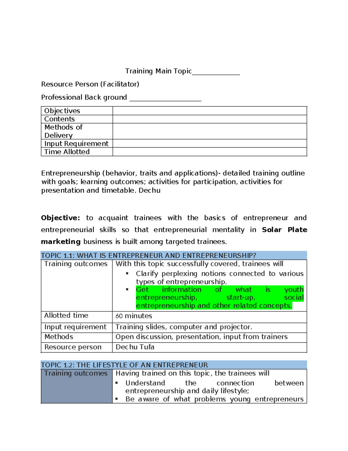Entrepreneurship Training Outline: Skills & Concepts for Beginners ...