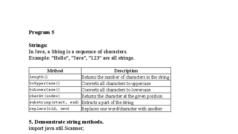 Program 5-8 rnep - Program 5 Strings: In Java, a String is a sequence ...