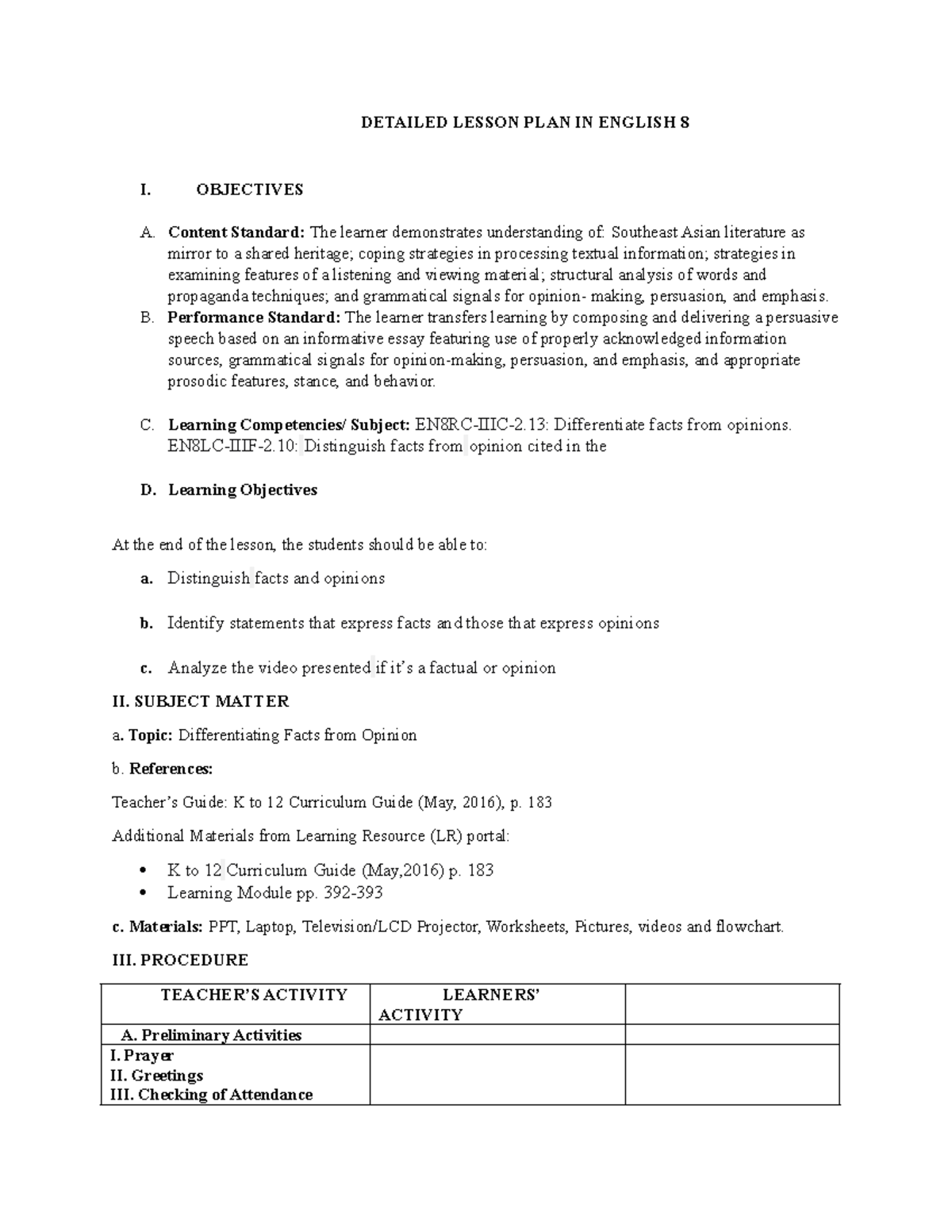 Detailed Lesson Plan: Differentiating Facts from Opinions in English 8 ...