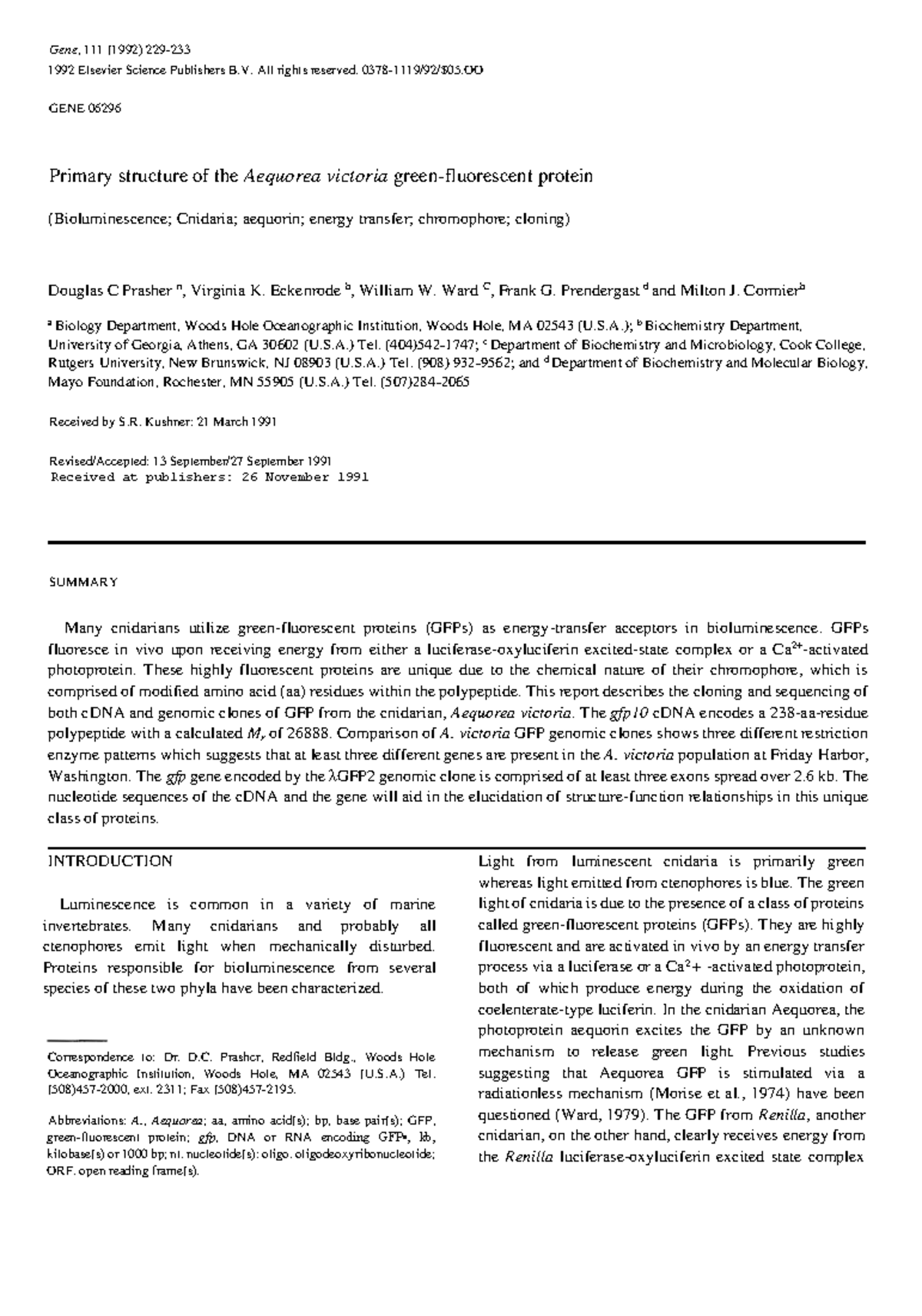 Research Paper on Aequorea victoria GFP Gene (GENE 06296) - Studocu