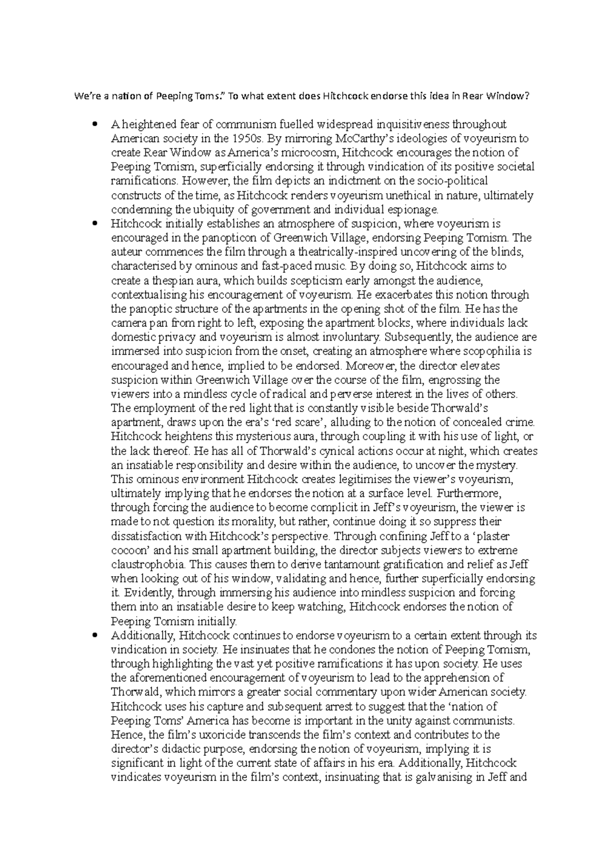 ENG 201 - Rear Window Essay: Analyzing Hitchcock's Take on Voyeurism ...