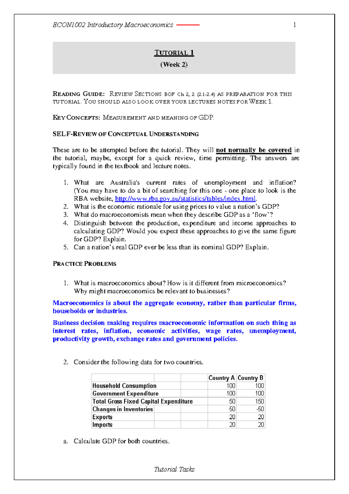 Tutorial 01 (Week 2) Answers - ECON1002 - USyd - Studocu