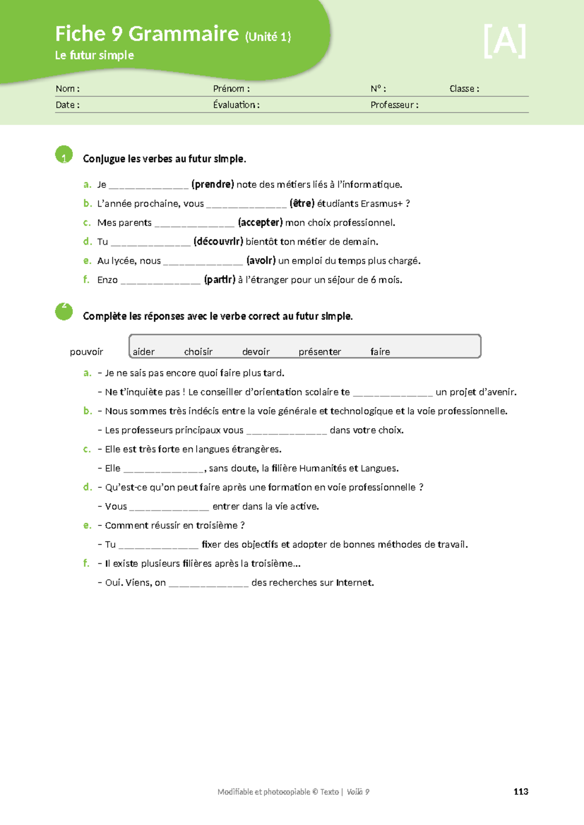 Fiche Grammaire U1 - Futur Simple - Voilà 9 DP [FT Grammaire U1 9A ...