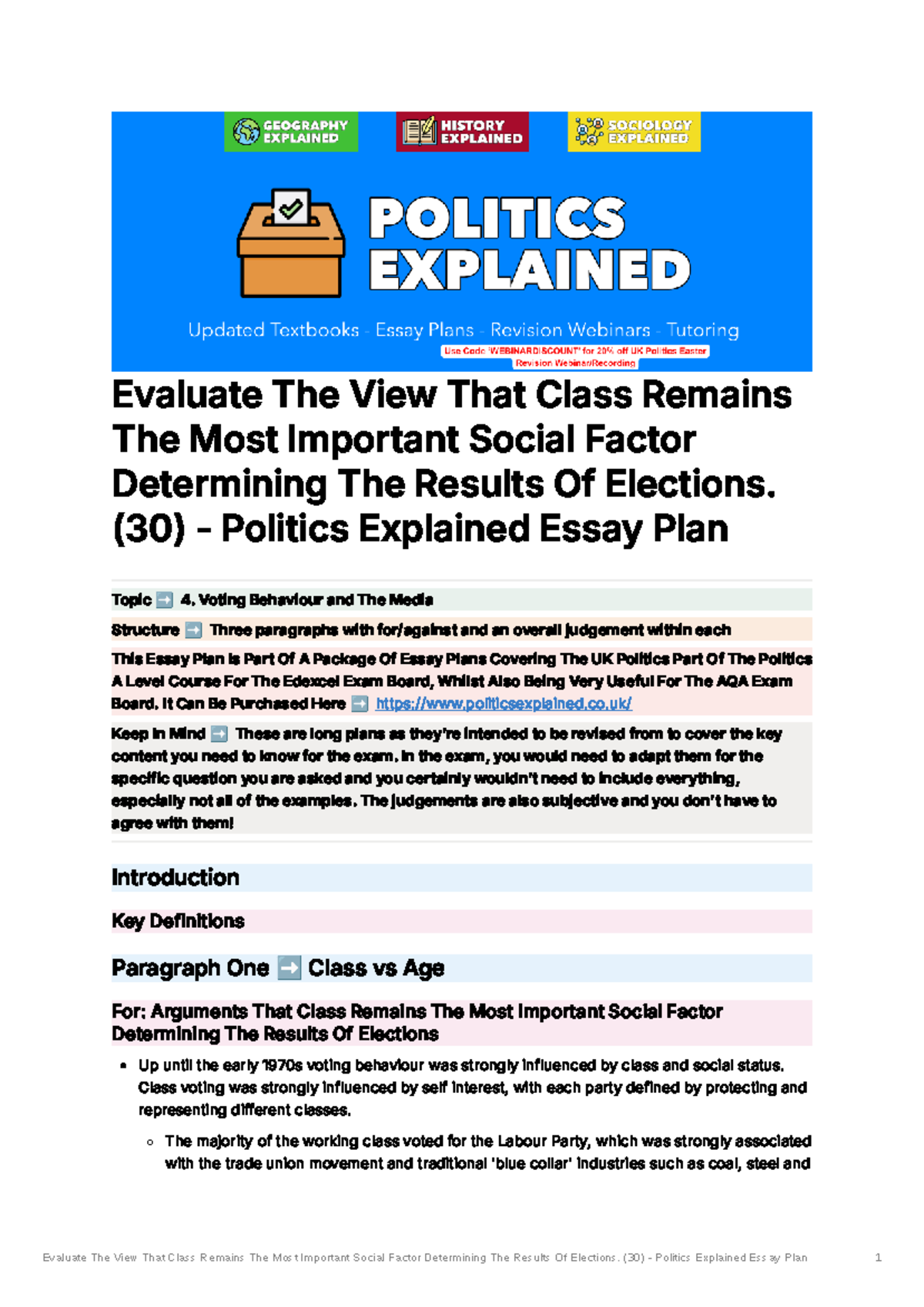 Evaluate Class as a Key Social Factor in Election Outcomes (30 ...