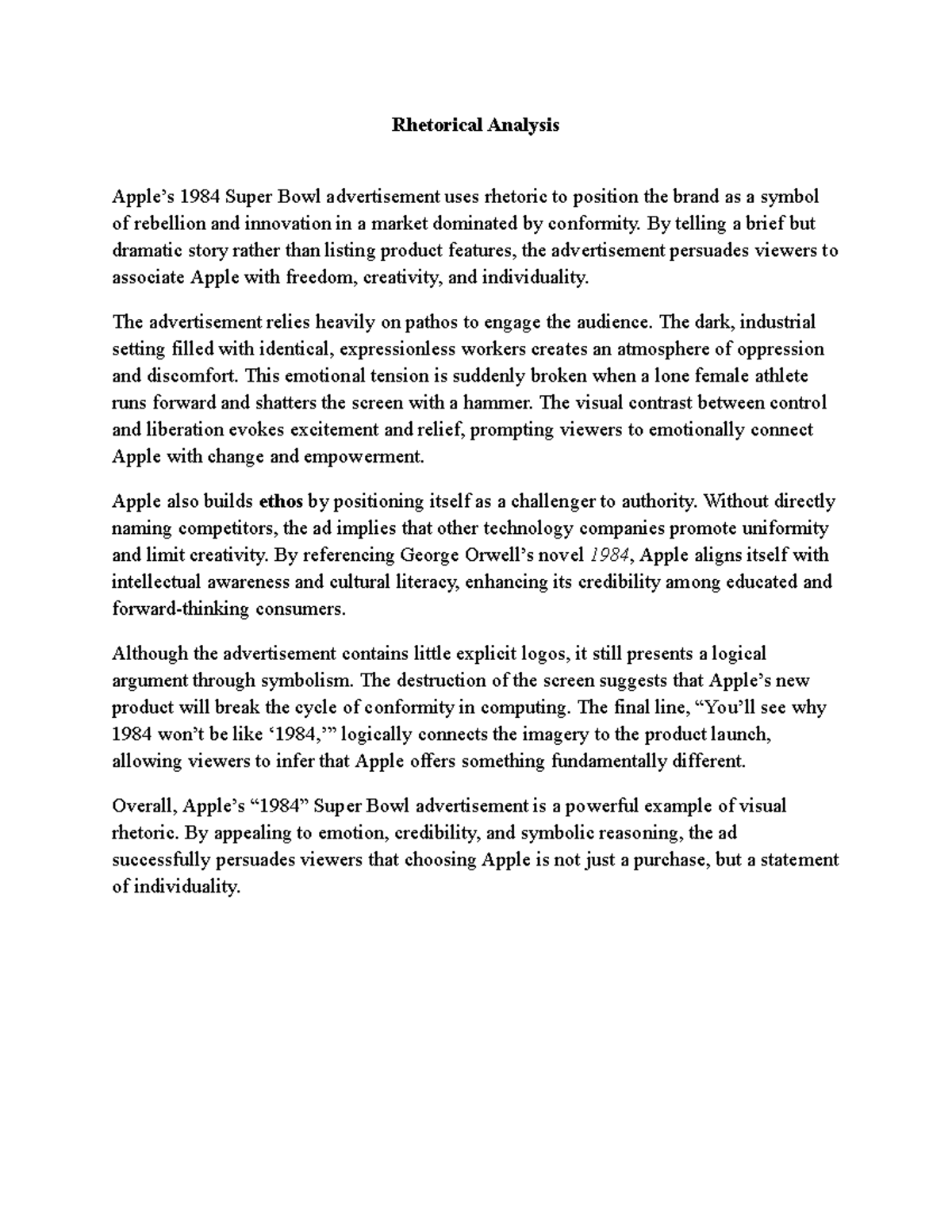 Rhetorical Analysis of Apple's 1984 Super Bowl Ad: Rebellion ...