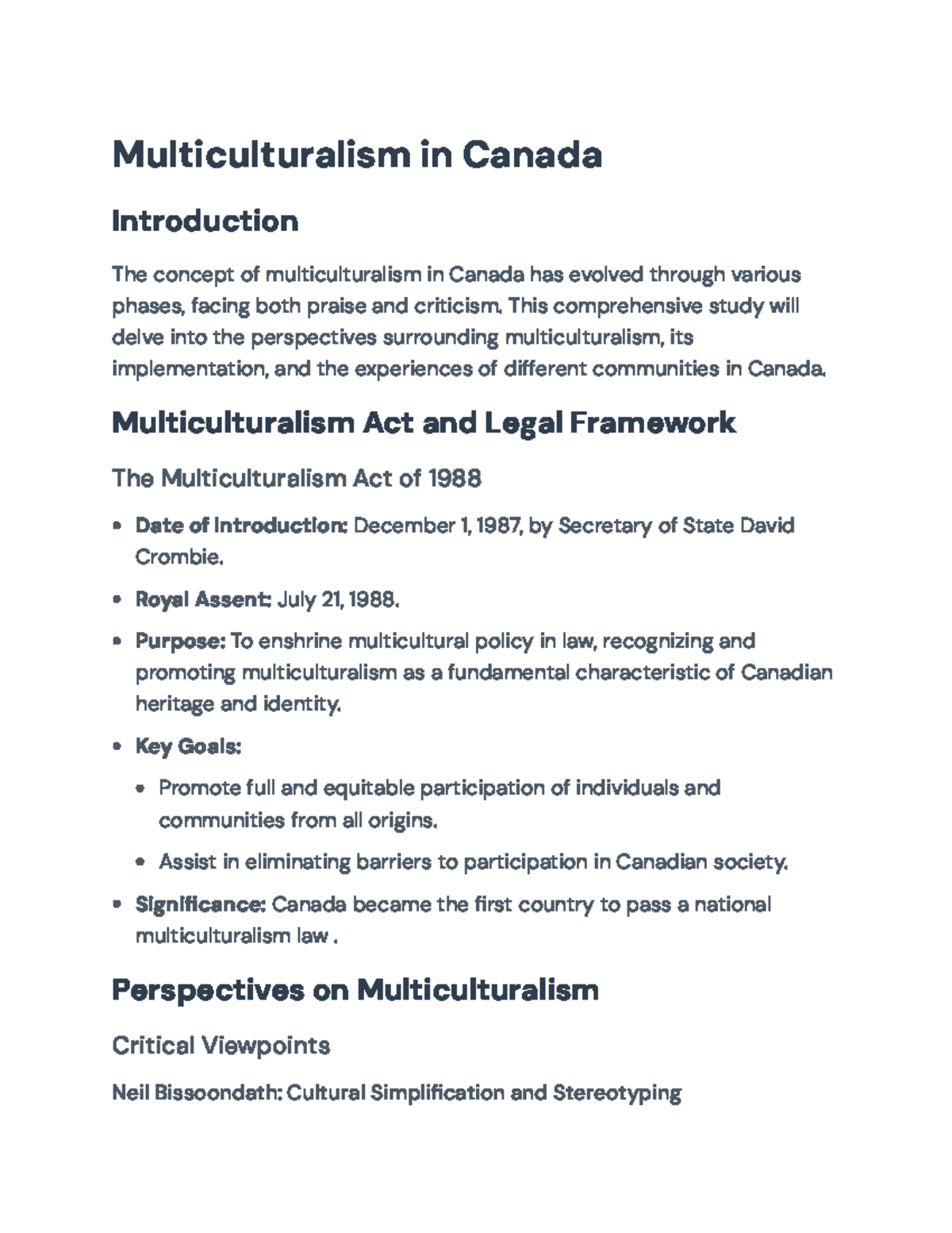 Multiculturalism in Canada: Challenges and Perspectives on Acceptance ...