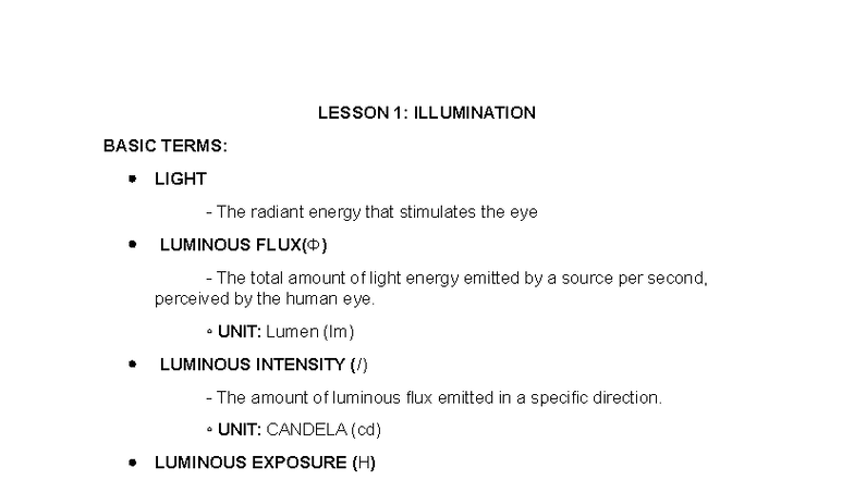 EU- Finals- Lesson 1: Illumination Basics and Lighting Systems - Studocu
