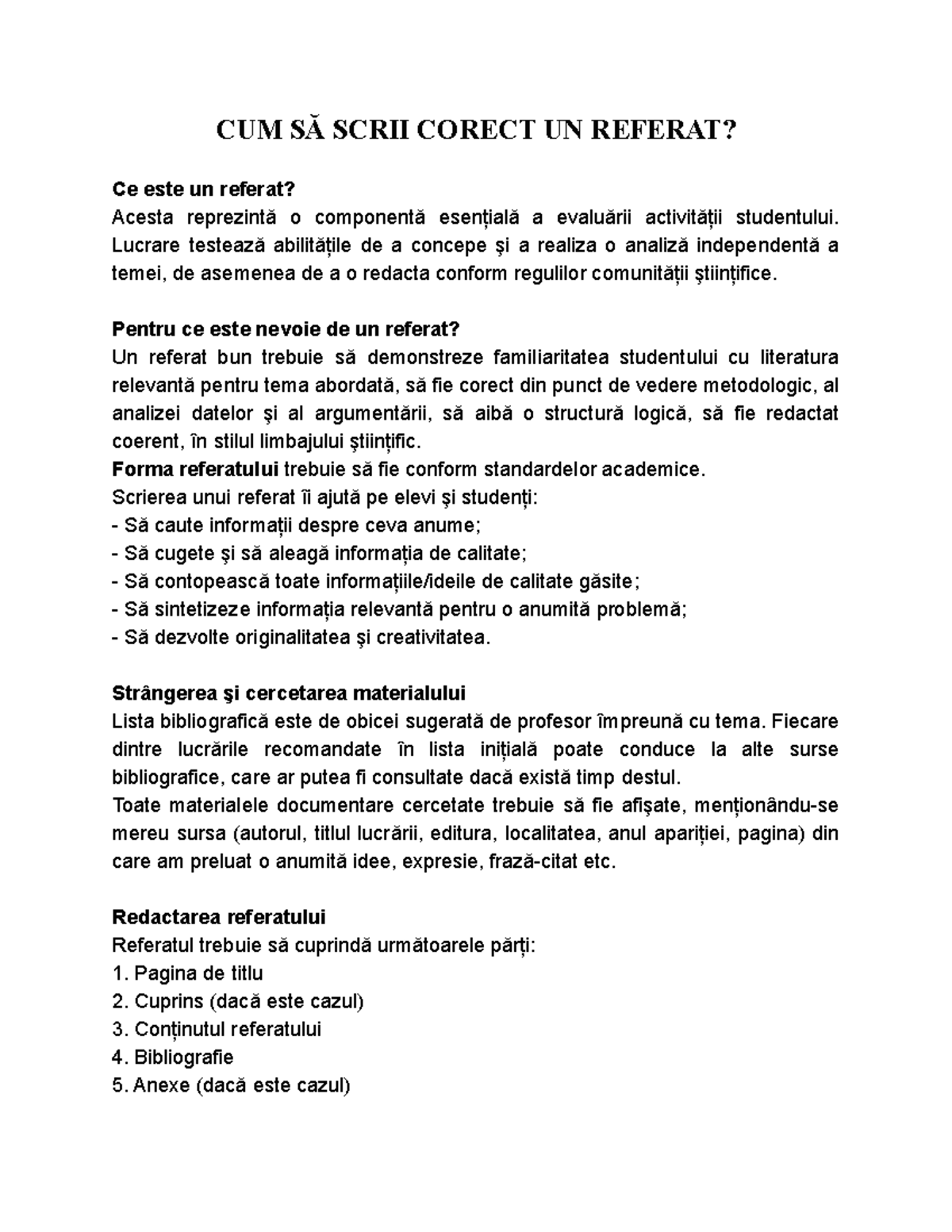 Ghid pentru redactarea unui referat: structură și cerințe - Studocu