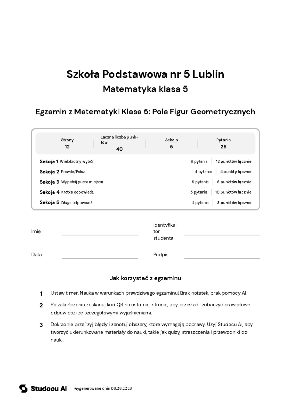 Egzamin z Matematyki Klasa 5: Pola Figur Geometrycznych - Studocu
