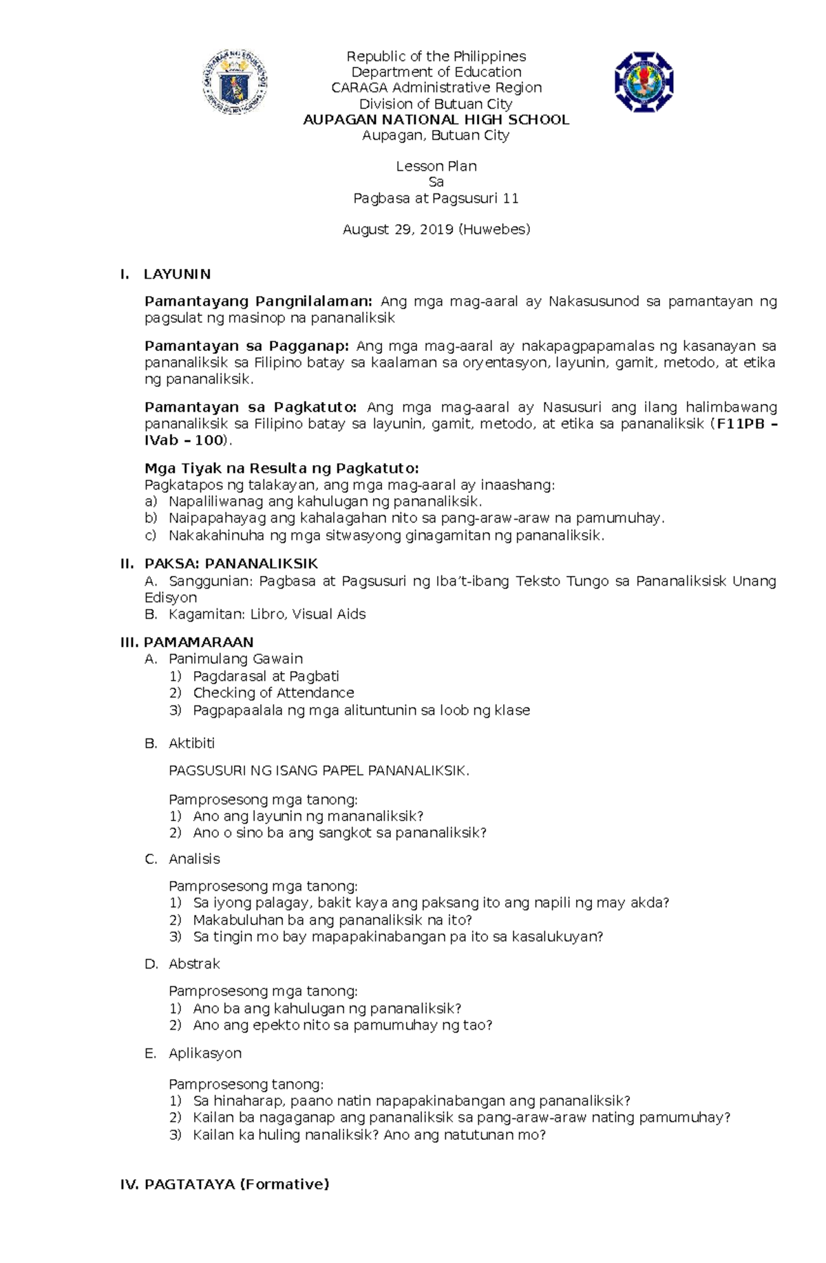 LLesson Plan sa Pananaliksik (F11PB IVab 100) - Aupagan National High ...