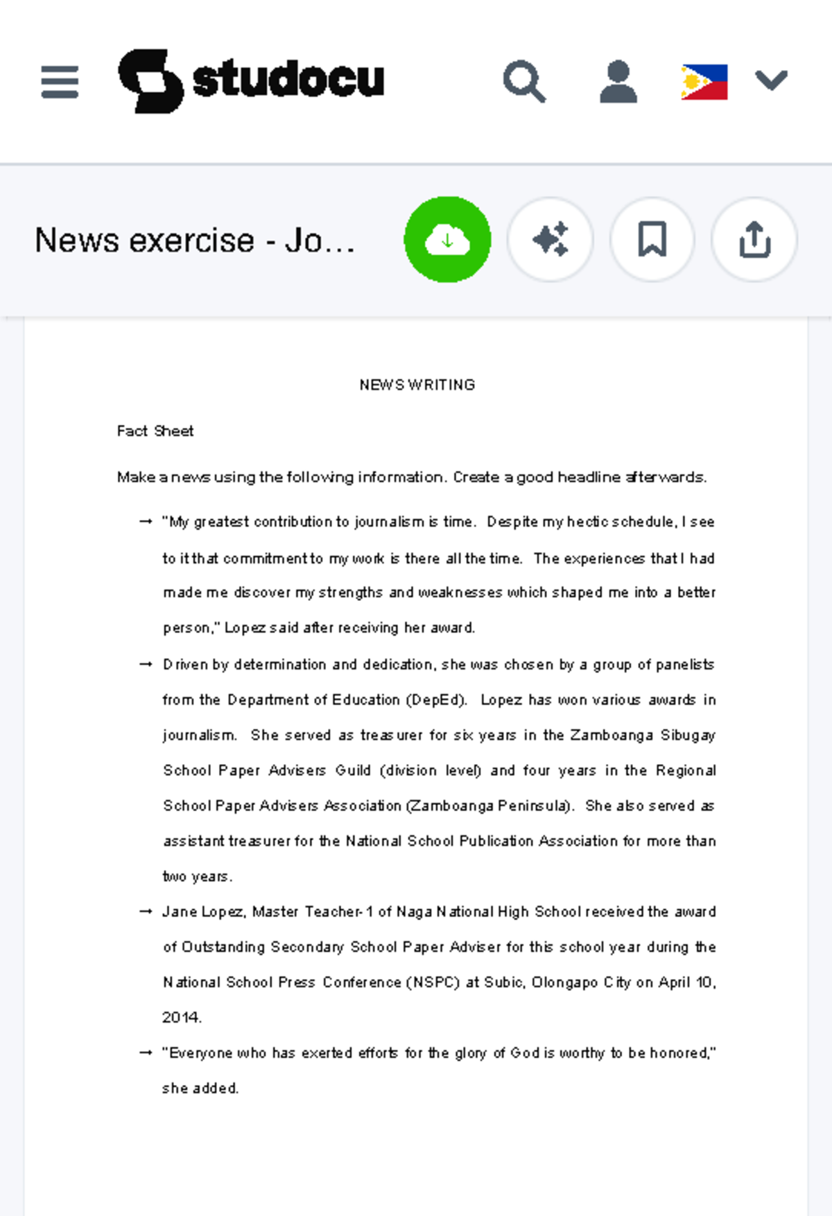 News exercise - Journalism - News Writing Fact Sheet Make a news using ...