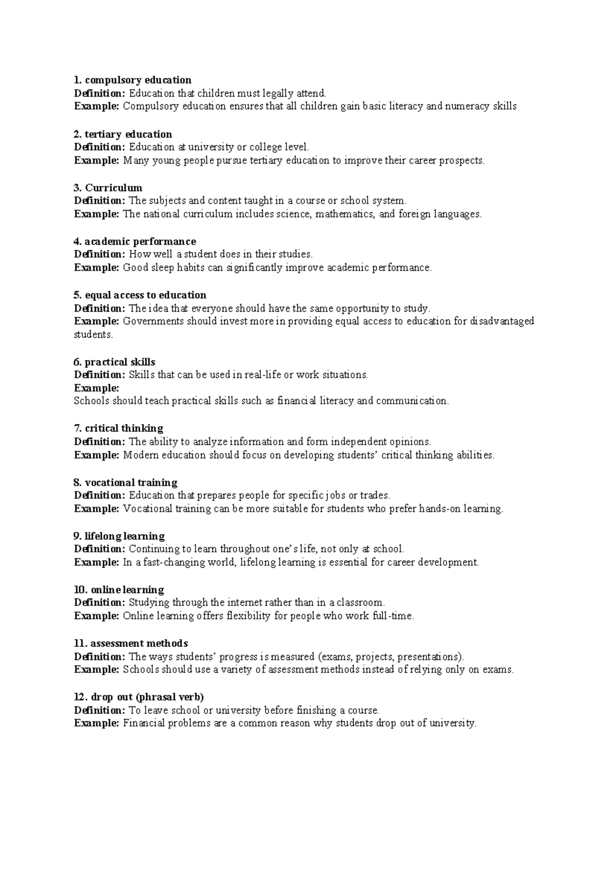 IELTS Vocabulary - Education Terms and Definitions - Studocu