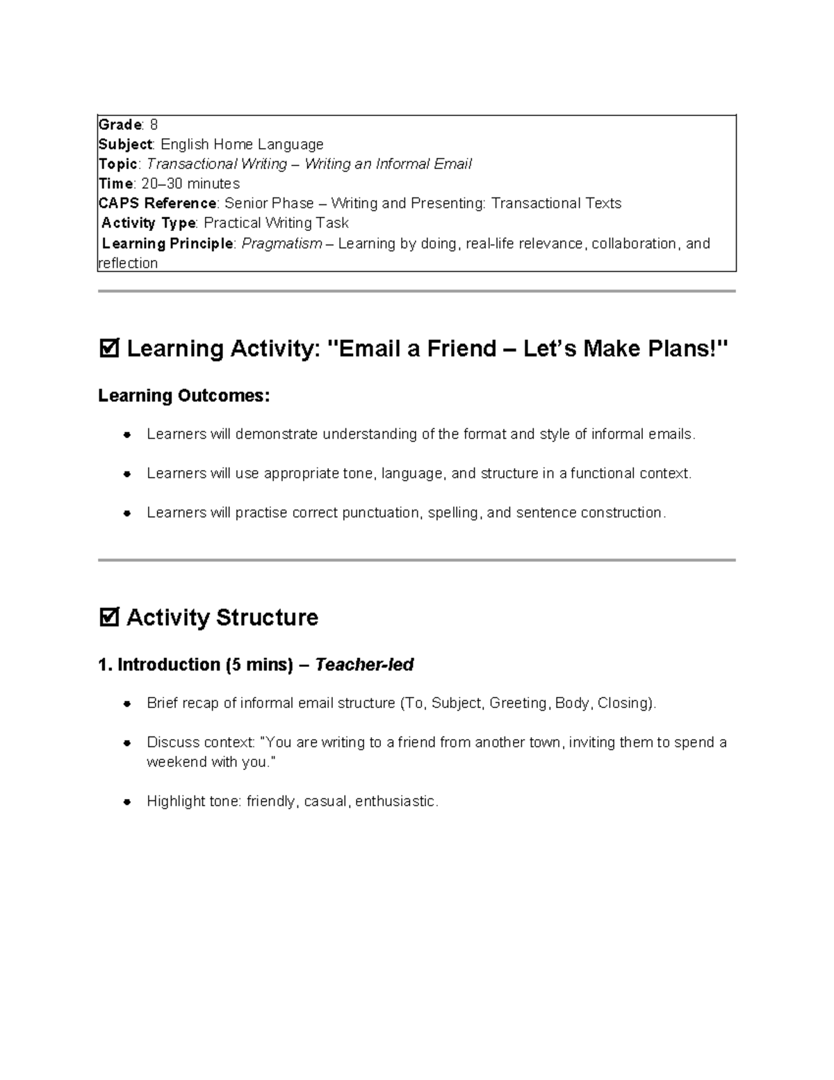 ST10468587: Informal Email Writing Activity for Grade 8 English - Studocu