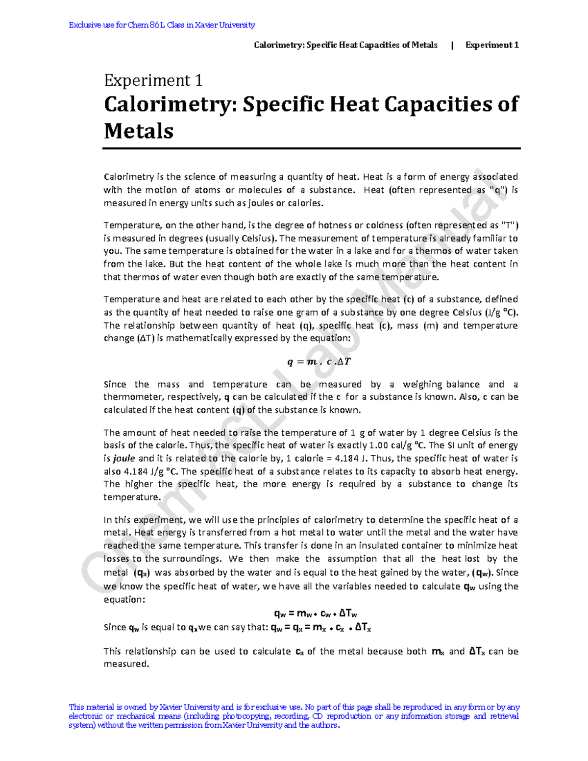 Chem 86 L: Calorimetry Experiment 1 - Specific Heat Capacities of ...