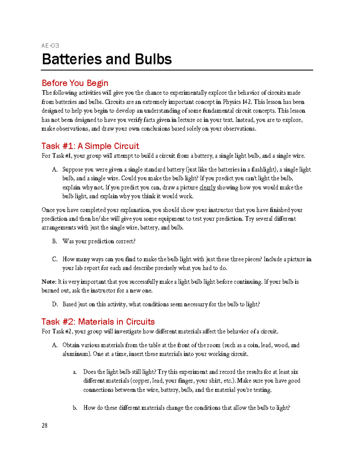 AE-03 Lesson: Exploring Circuits with Batteries and Bulbs - Studocu