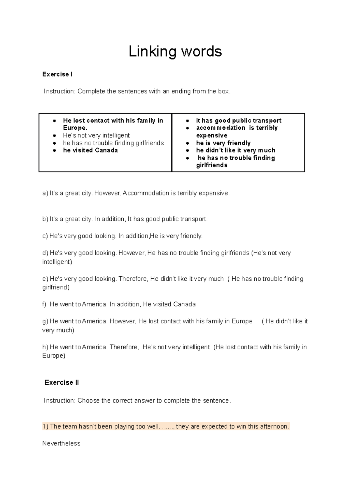 Ejercicios de Linking Words con Respuestas y Ejemplos de Uso - Studocu