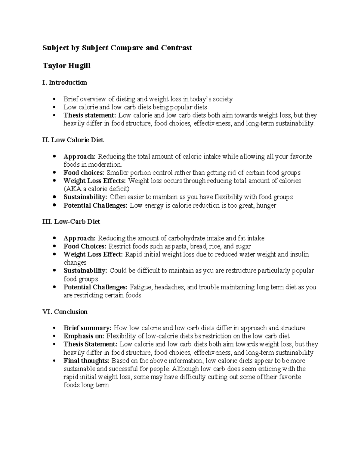 Subject by Subject Comparison of Low Calorie vs. Low Carb Diets - Studocu