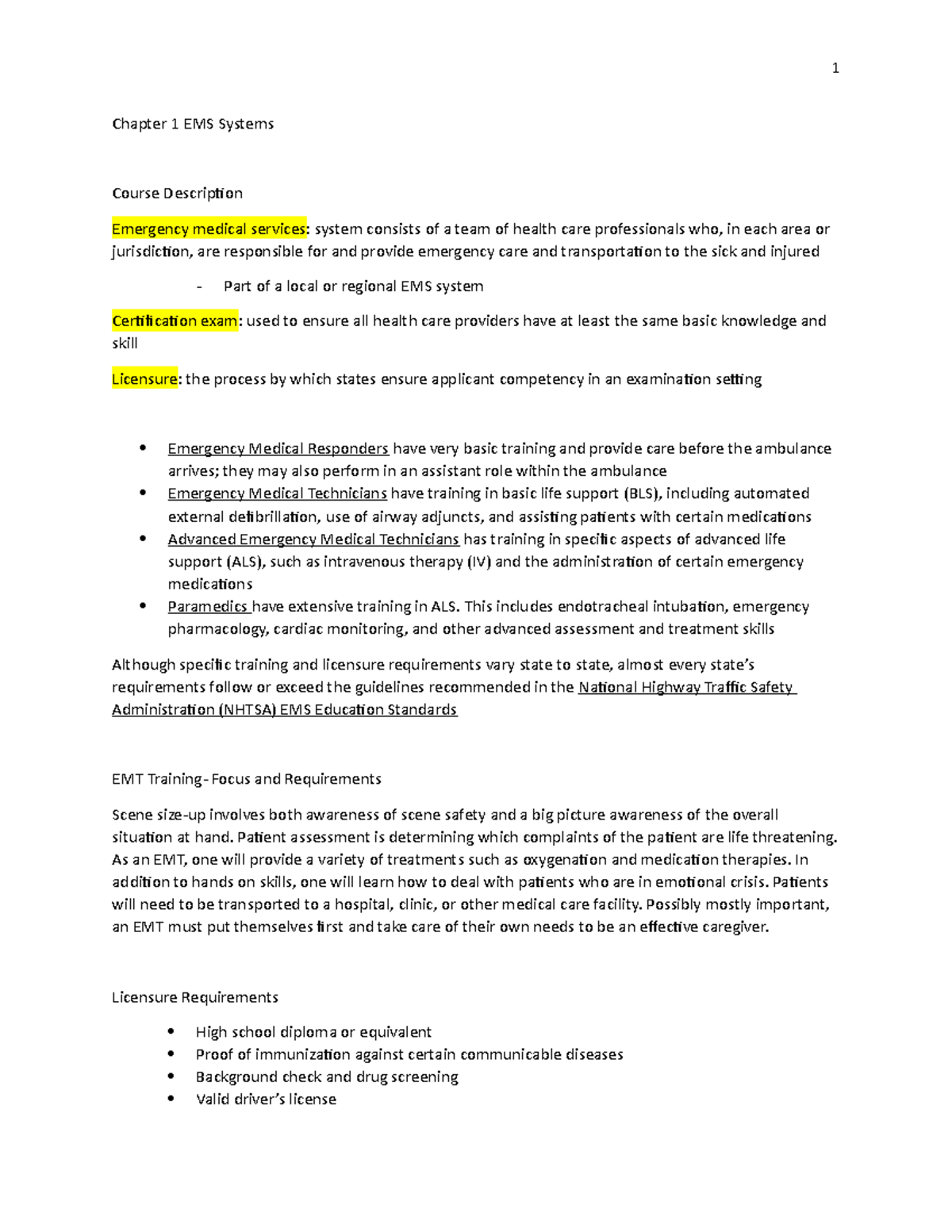 Chapter 1: Overview of EMS Systems & Training Requirements - Studocu