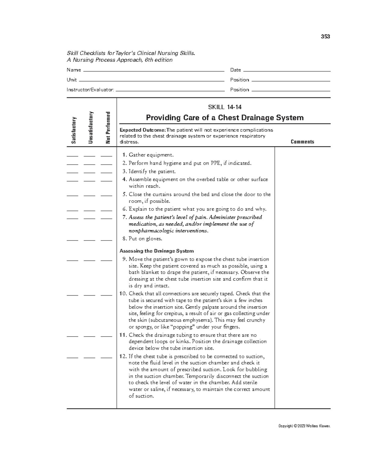 N226 Skill Checklists for Providing Care of a Chest Drainage System ...