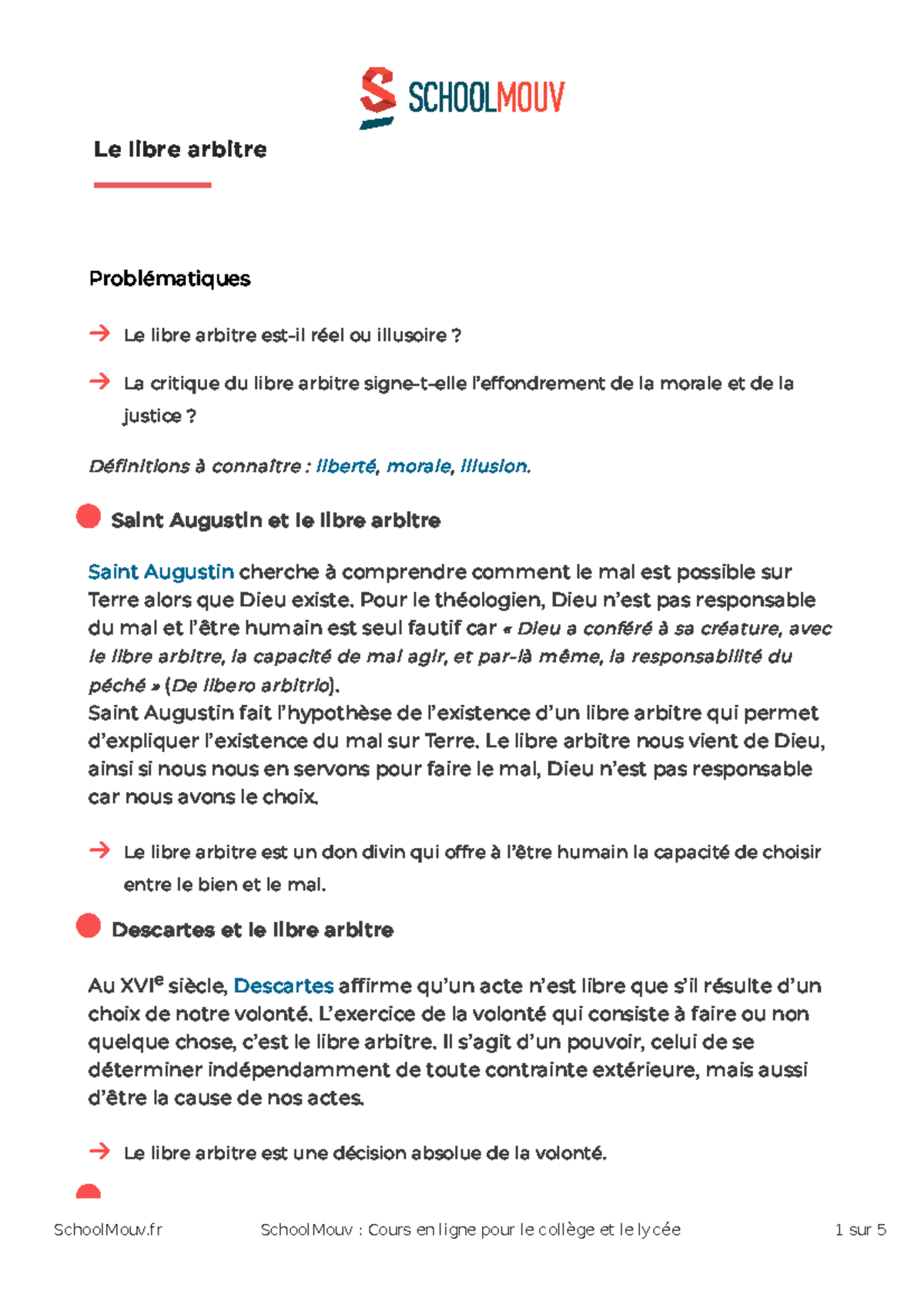Le libre arbitre : Problématiques et Perspectives - Fiche de Révision ...