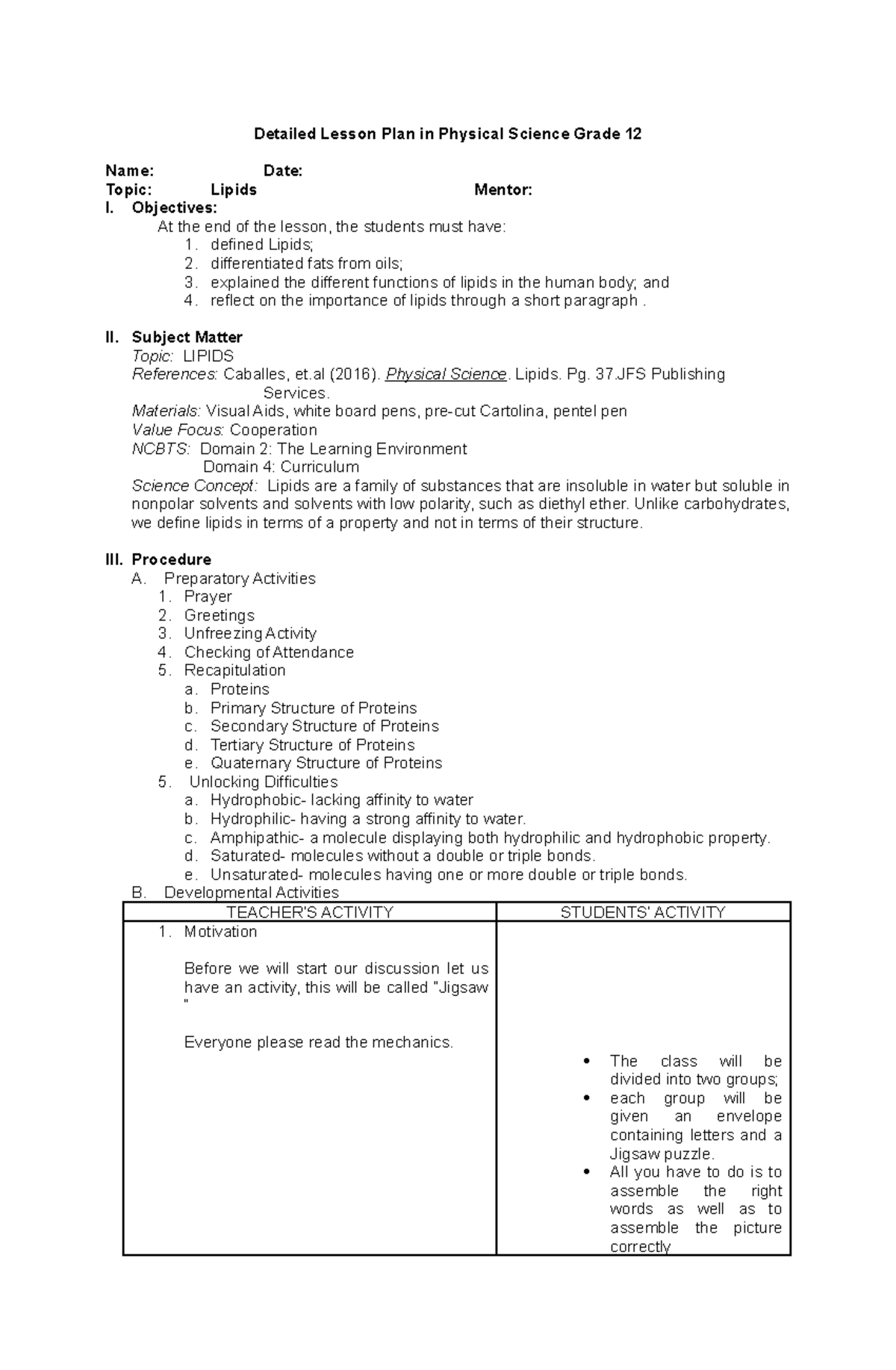 Lesson Plan in Grade 12 Lipids - Detailed Lesson Plan in Physical ...