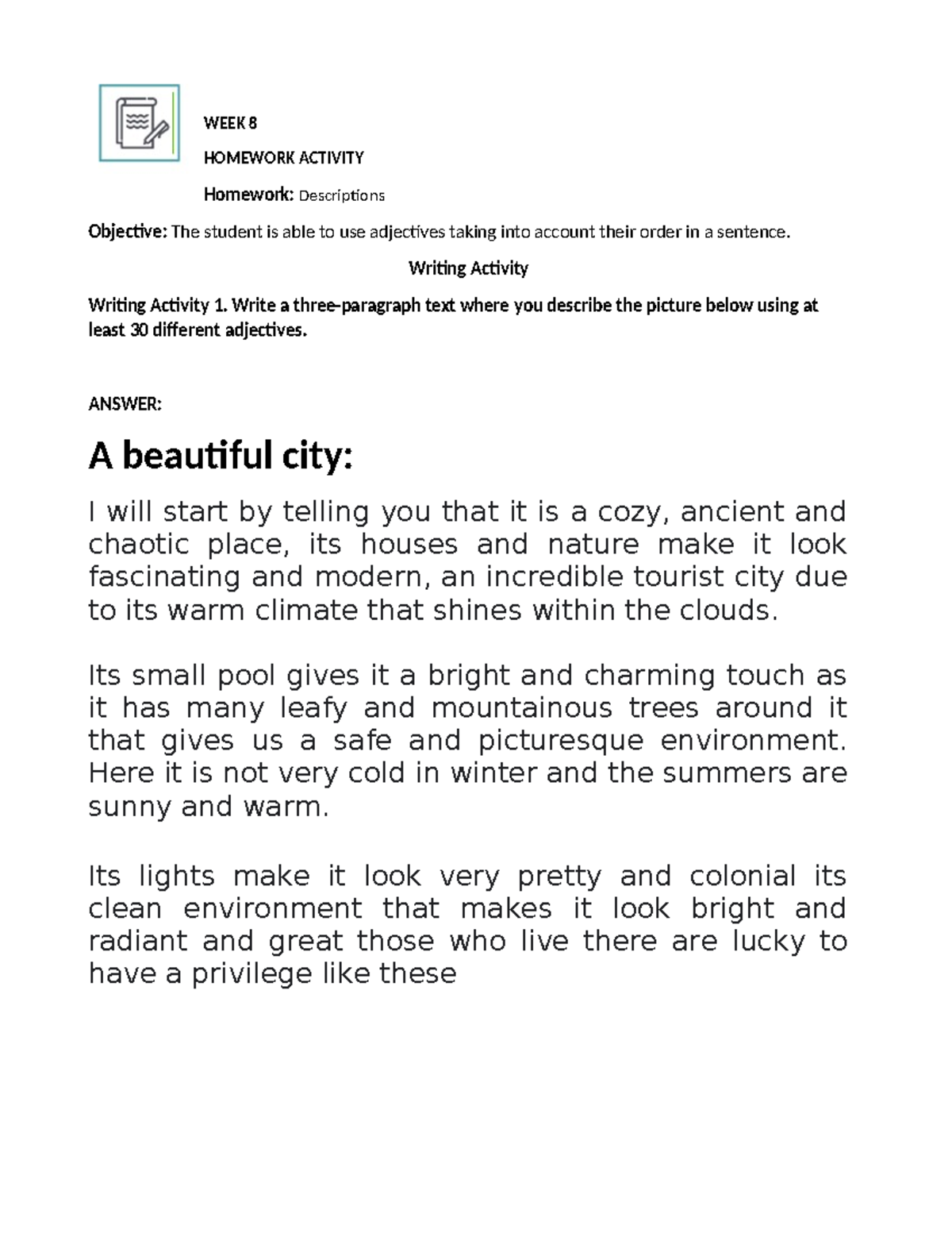 WEEK 8 TASK - Adjective Descriptions Homework Activity - Studocu