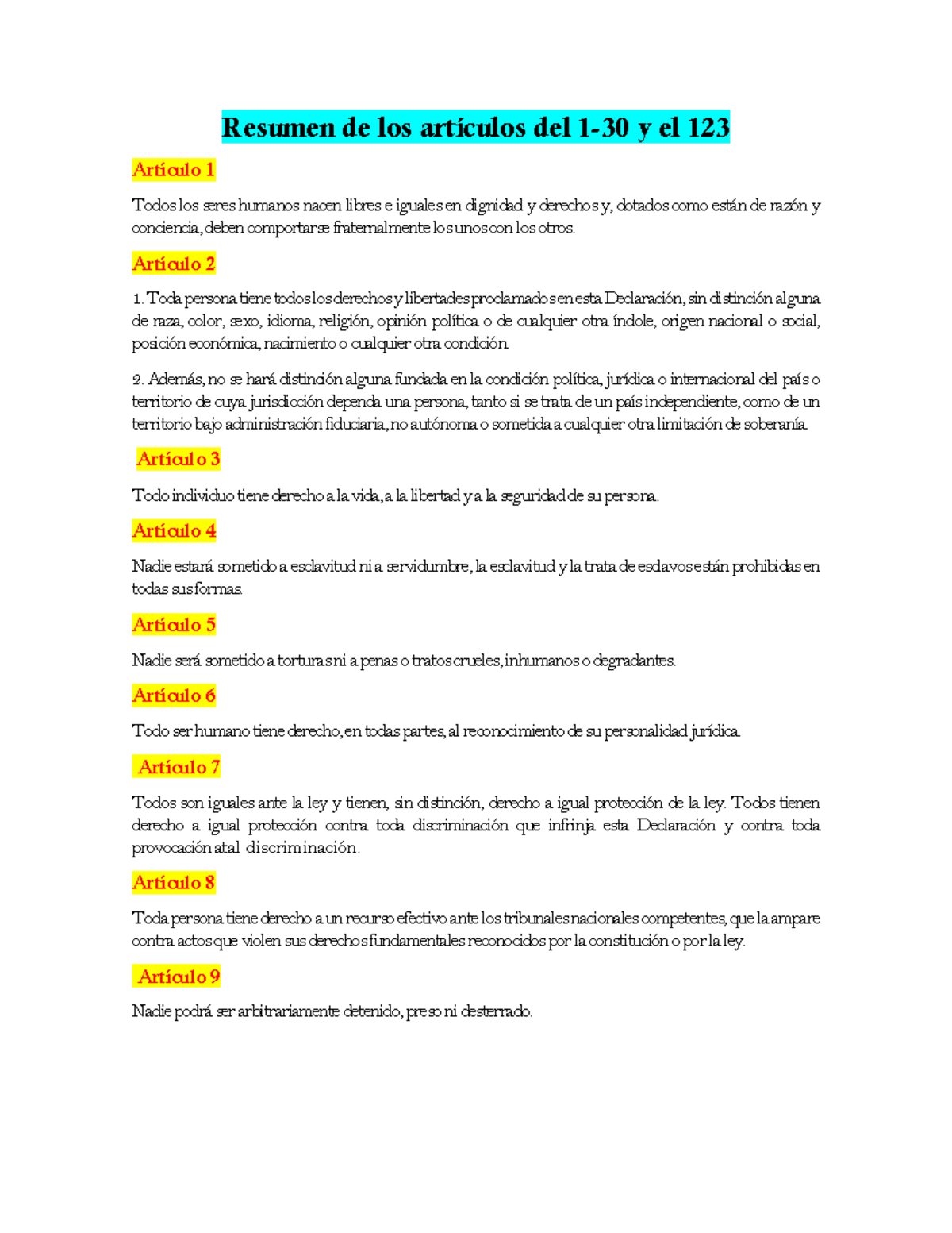 Resumen de artículos 1-30 y 123 sobre derechos humanos - Studocu