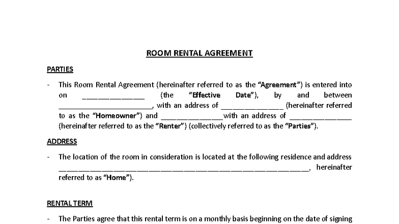 Basic Room Rental Agreement Template - Studocu