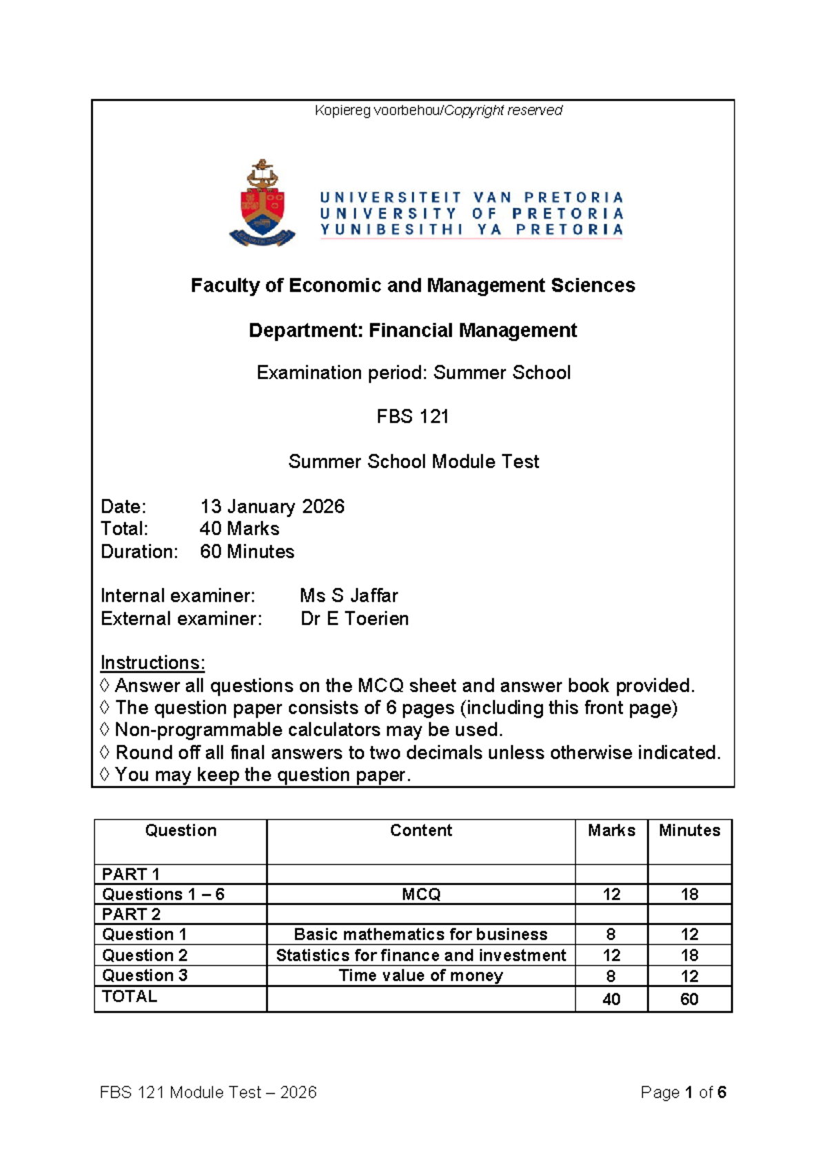 FBS 121 Summer School Module Test 2026: Financial Management Exam - Studocu
