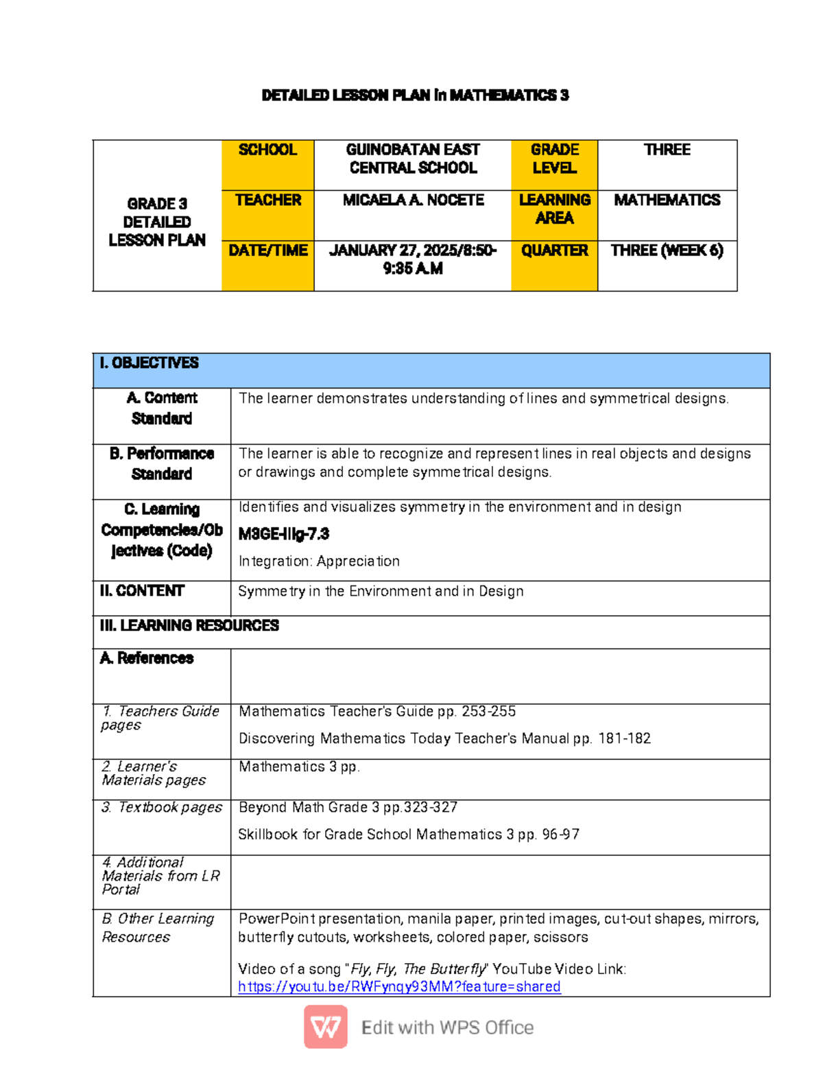 Mathematics 3 - Detailed Lesson Plan on Symmetry (Grade 3) - Studocu