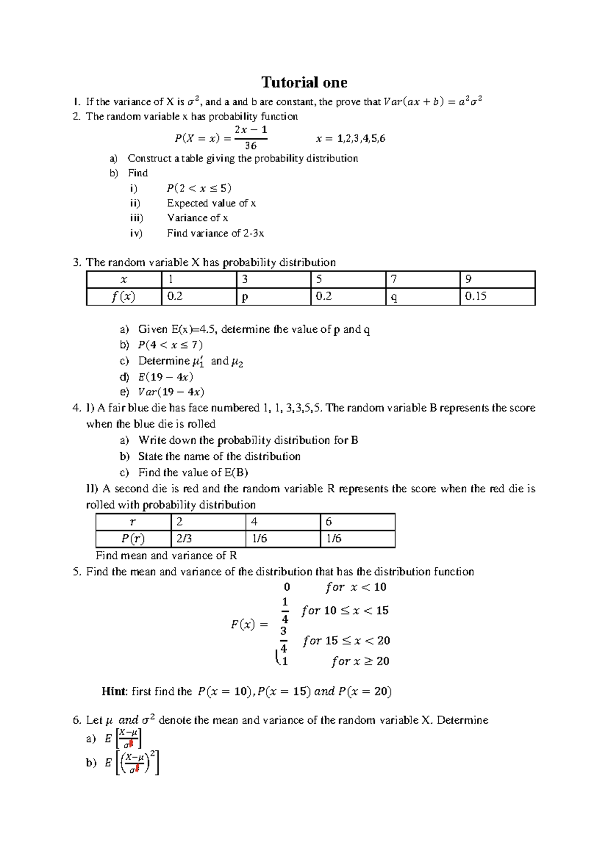 Tutorial 1: Variance and Probability Distributions Analysis - Studocu