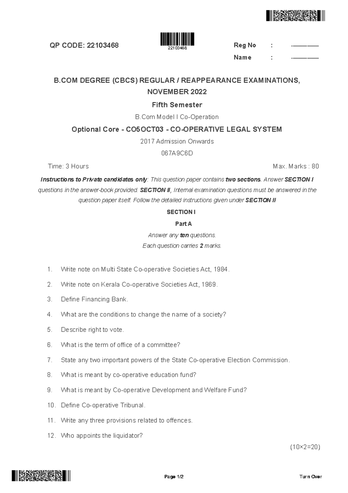 Q133 BCC51CL 2022 NOV - Question Paper for CO-OPERATIVE LEGAL SYSTEM ...