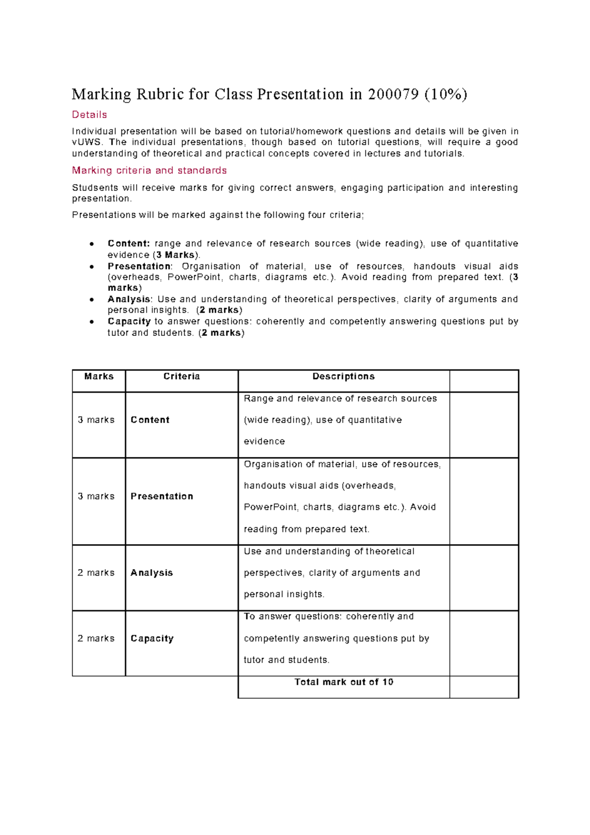 Marking Rubric for Class Presentation in 2000 79 - The individual ...