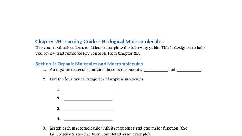 Chapter 2B Learning Guide: Biological Macromolecules Concepts - Studocu