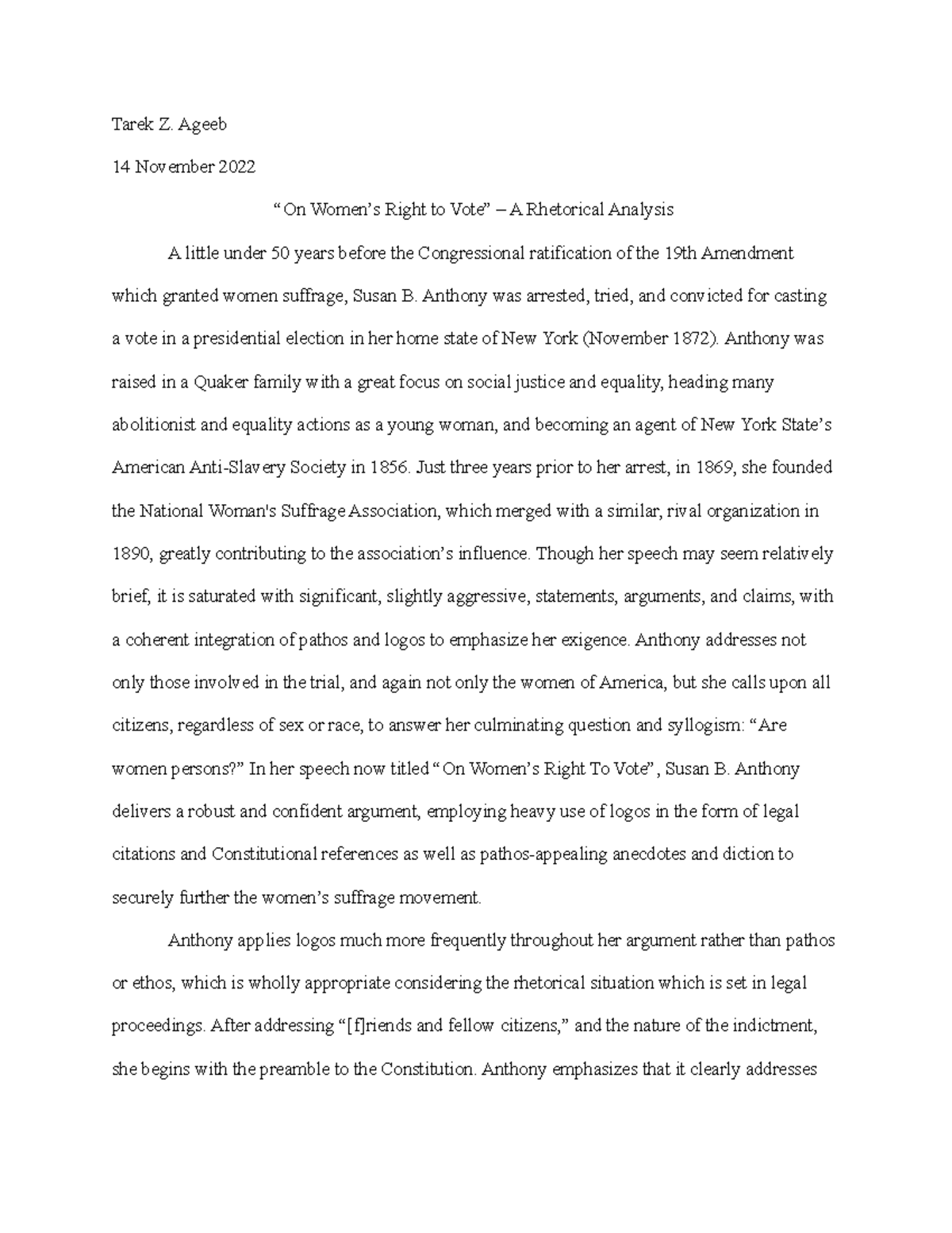 Rhetorical Analysis of "On Women's Right to Vote" by Susan B. Anthony ...