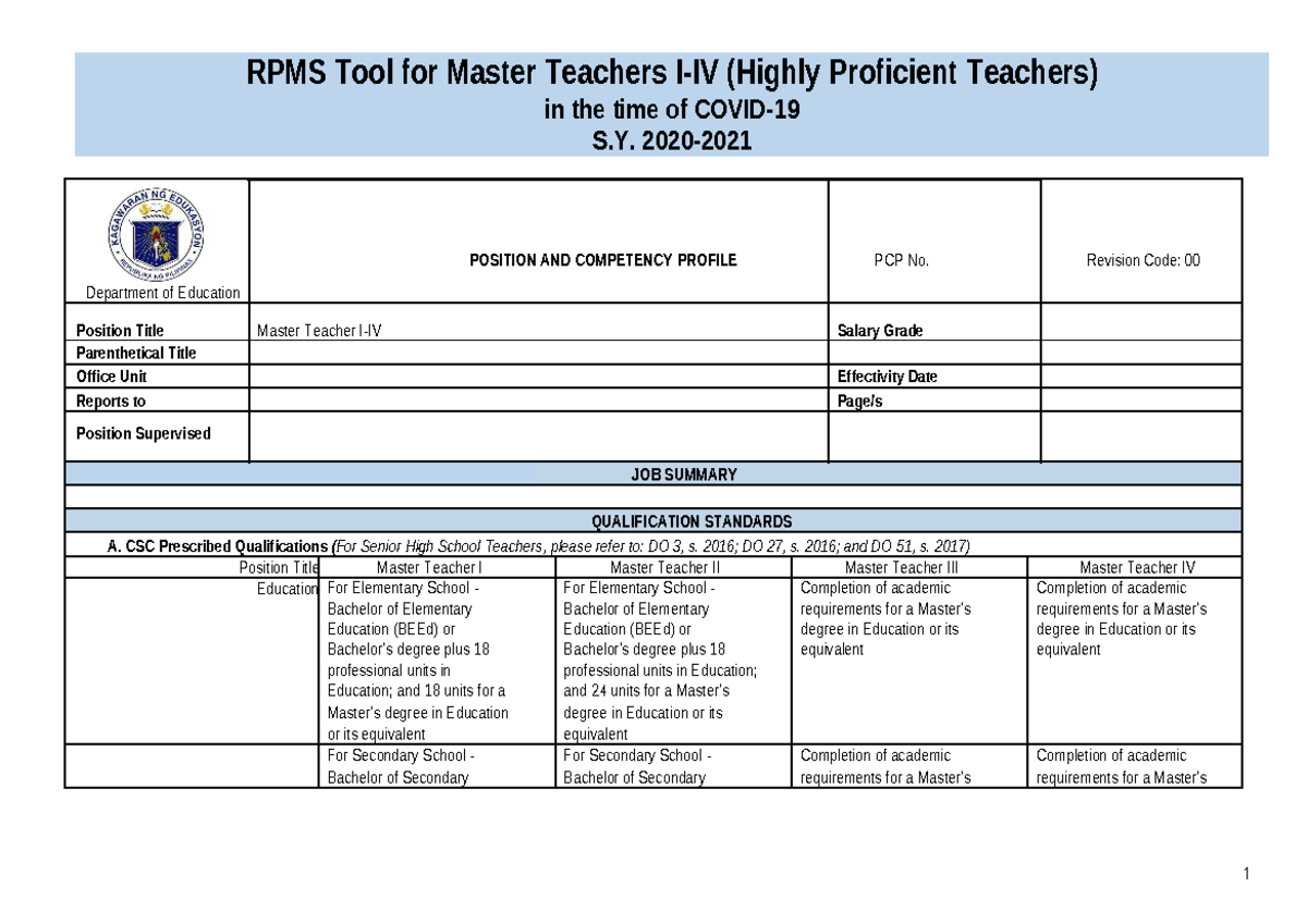 RPMS Tool for Master Teachers I-IV SY 2020-2021 during COVID-19 - Studocu