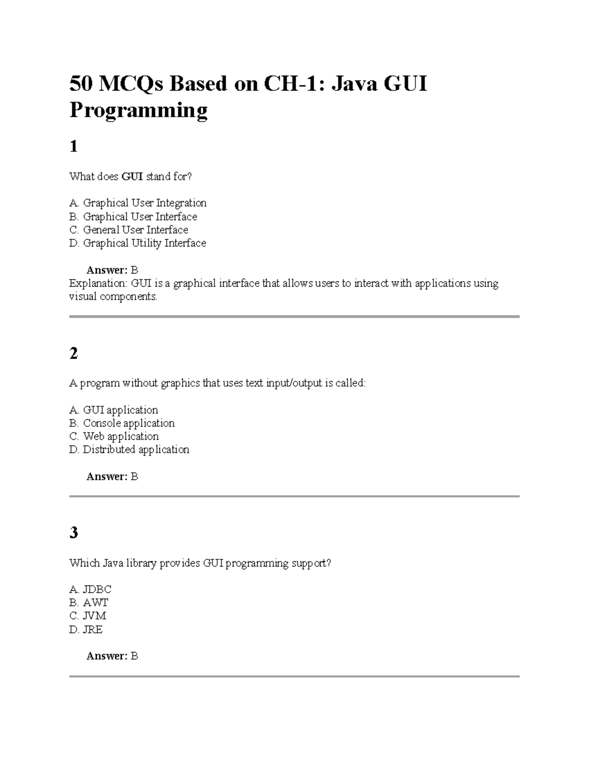 50 MCQs on Java GUI Programming (CH1) for Exam Preparation - Studocu