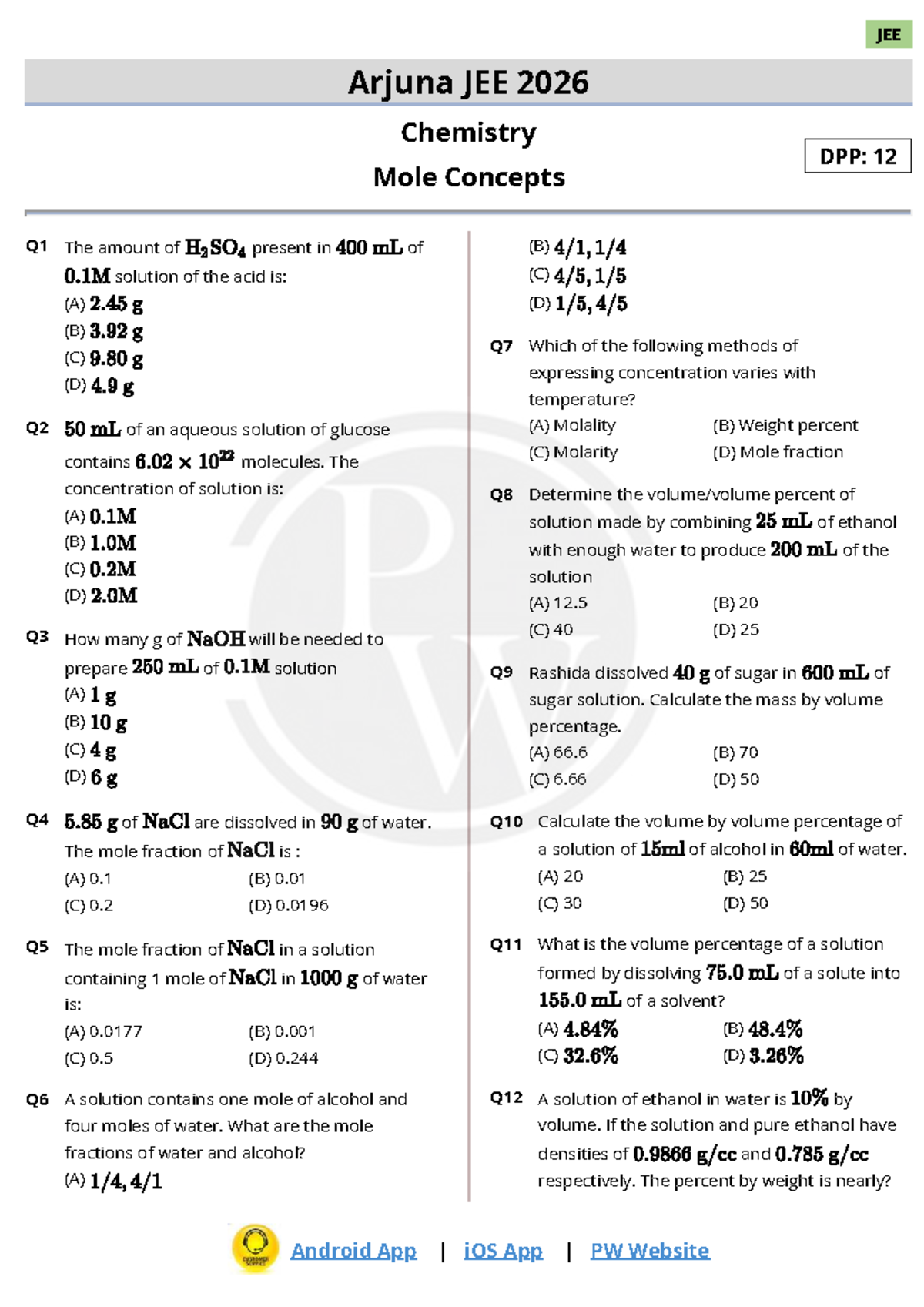 JEE 2026 Chemistry DPP: Mole Concepts & Concentration Calculations ...