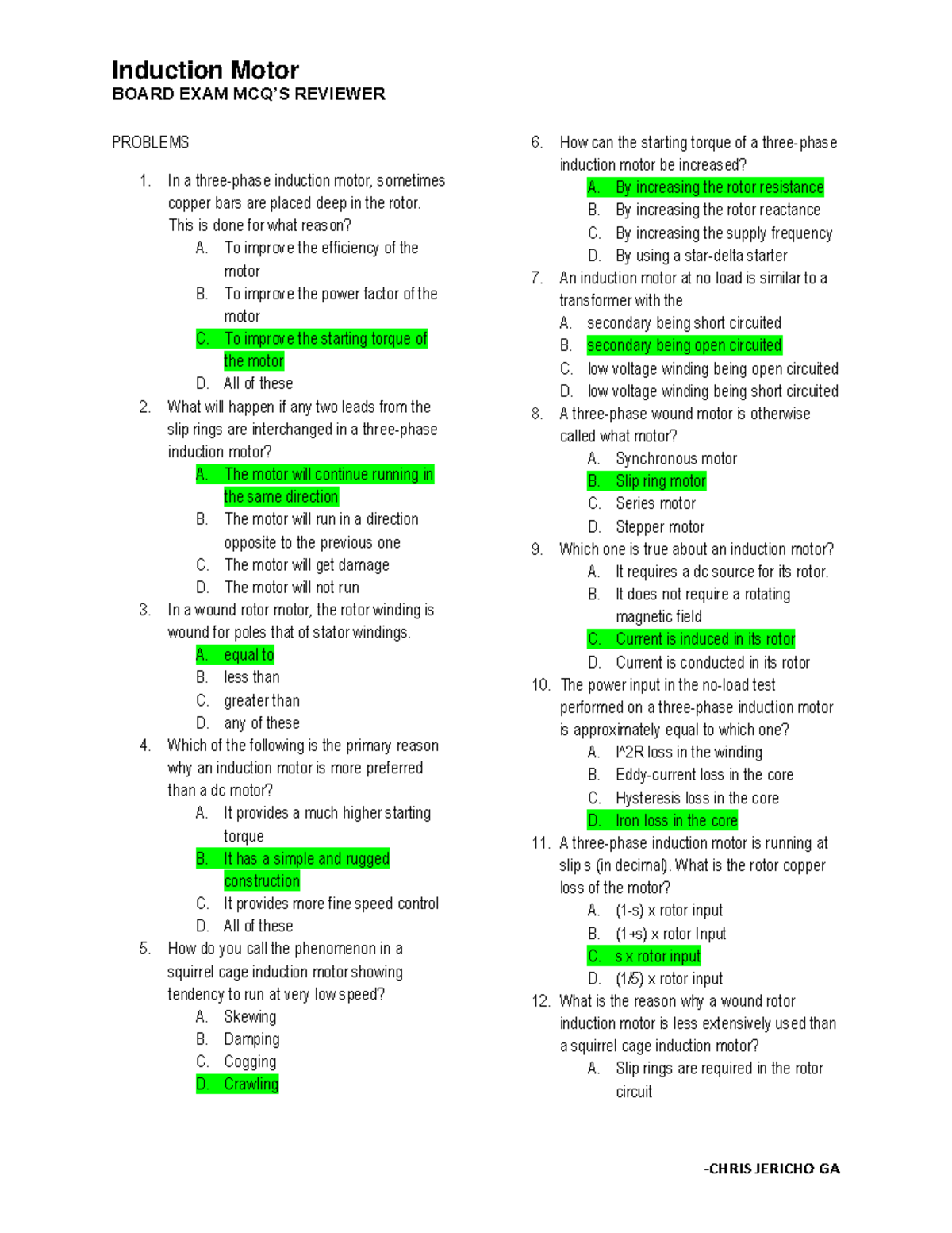 Induction Motor Board Exam MCQ's Reviewer (ENGR 101) - Studocu
