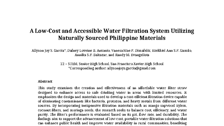 Affordable Water Filtration System Using Local Materials (12 STEM ...