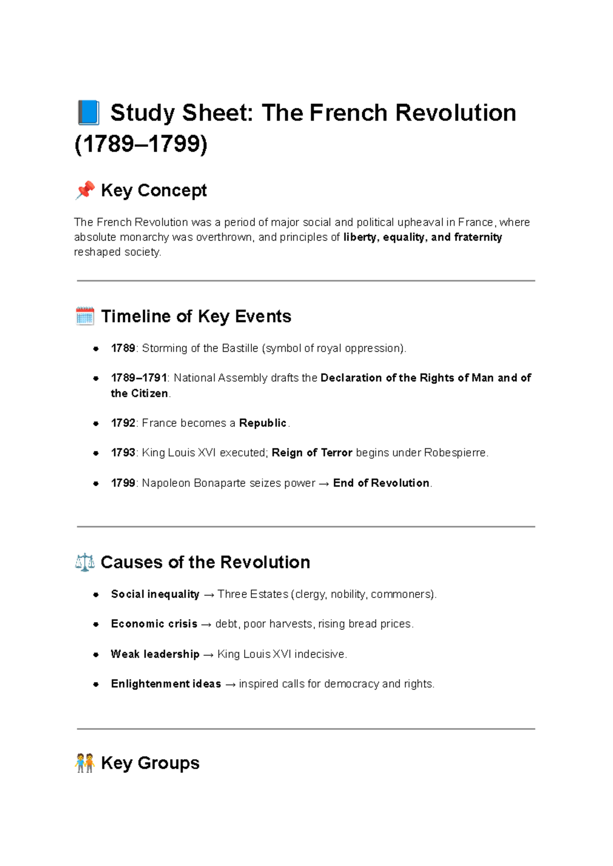 Study Sheet: The French Revolution (HIST 101) Key Concepts & Events ...
